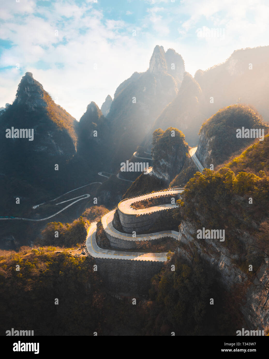 The 99 bend road of Tianmen Mountain, China, taken from the cable car ...