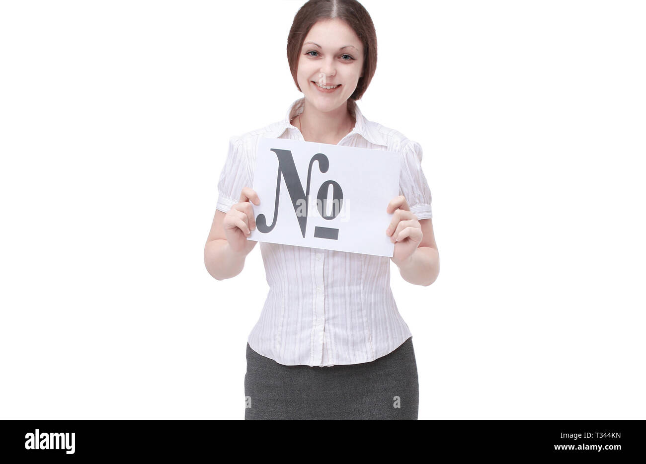 smiling young woman showing a sheet with the number sign Stock Photo ...