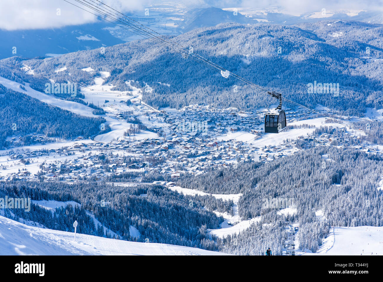 Winter landscape with snow covered Alps and aerial view of Seefeld in ...