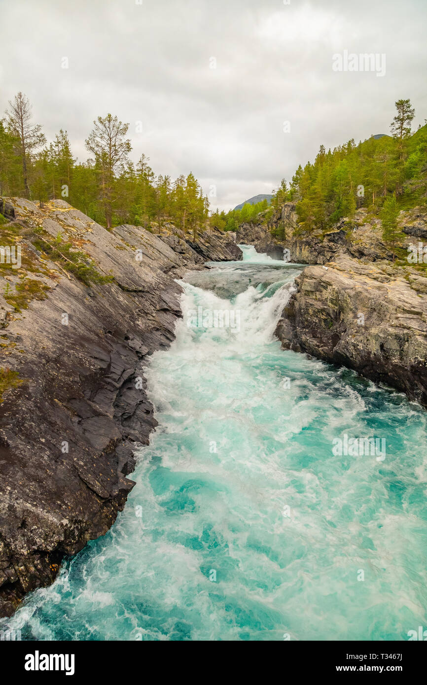 Mountain wild river valley landscape. Panoramic view of the mountain ...