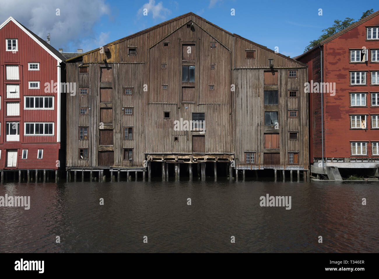 wooden store houses along Nidelva River in Trondheim in Norway Stock ...