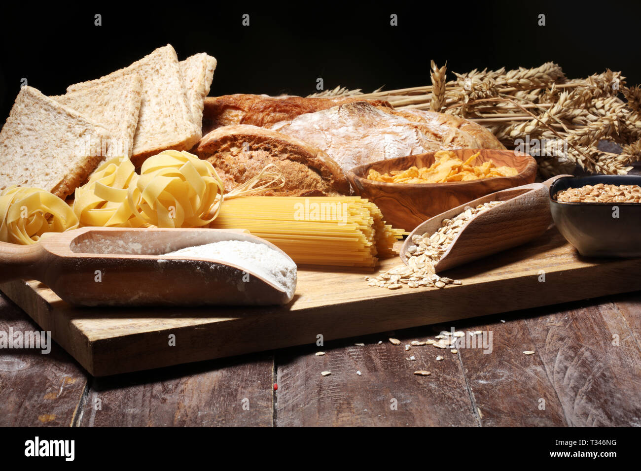 whole grain products with complex carbohydrates on rustic table Stock ...