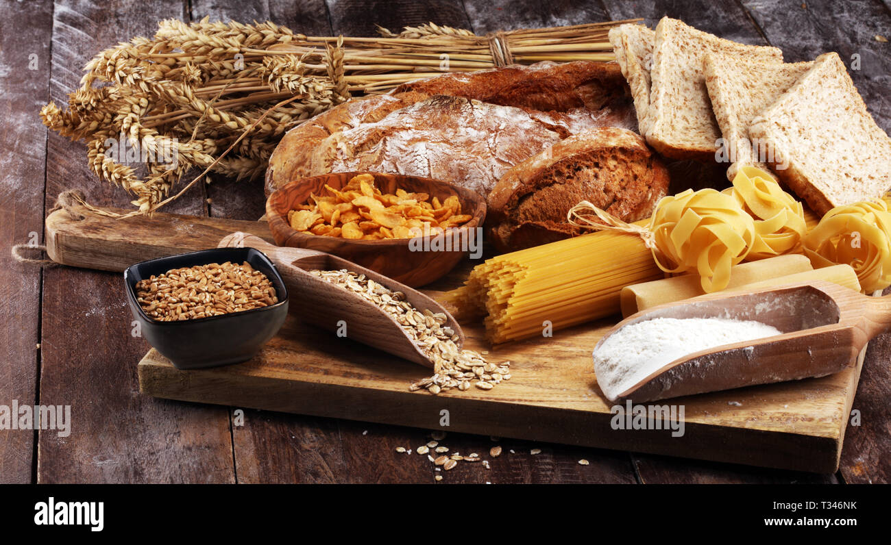 whole grain products with complex carbohydrates on rustic table Stock ...