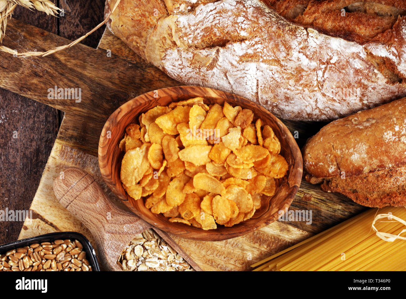 whole grain products with complex carbohydrates on rustic table Stock ...