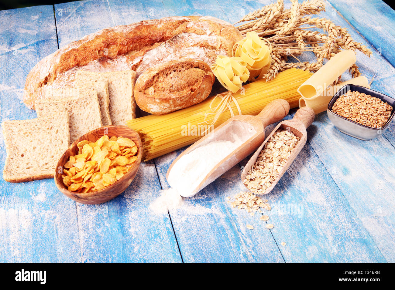whole grain products with complex carbohydrates on rustic table Stock ...