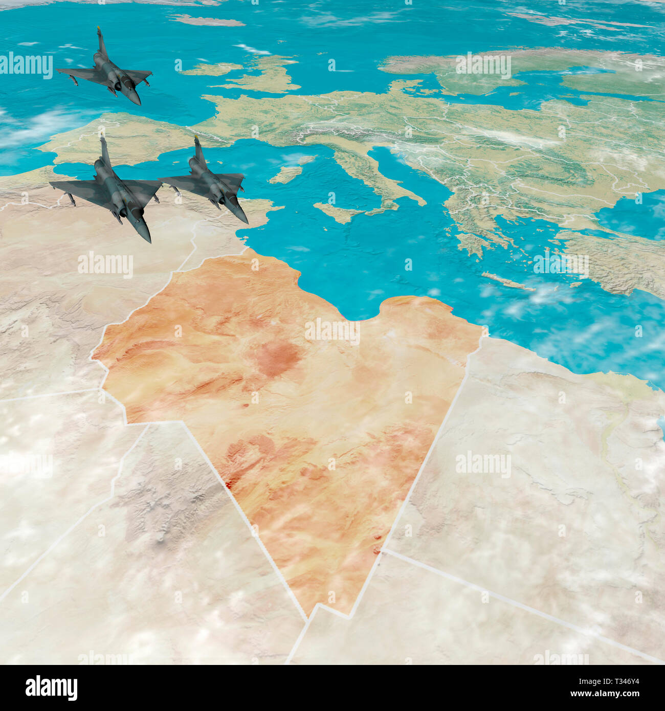 Fighter jets flying over Libya, 3d map of North Africa and Europe. War ...
