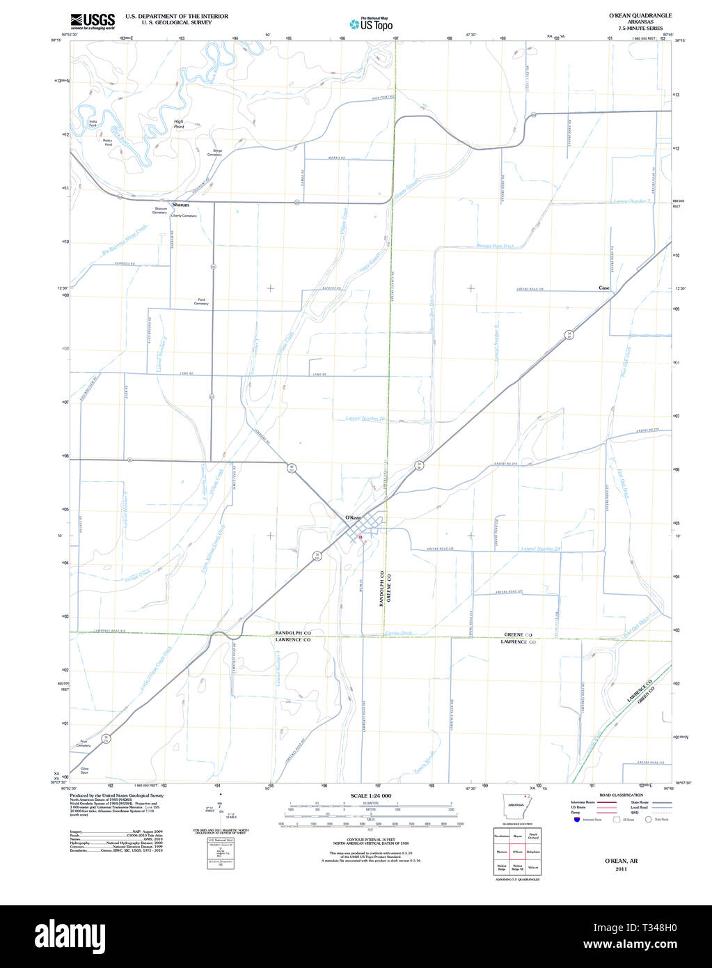 USGS TOPO Map Arkansas AR O'Kean 20110803 TM Restoration Stock Photo ...