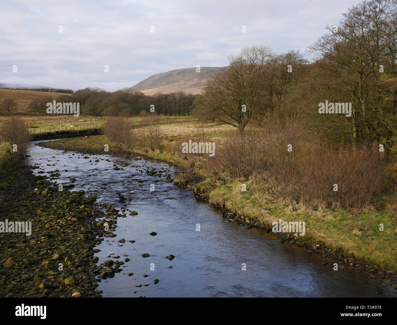 A view of the River Hodder and Catlow Fell in winter near Stocks ...