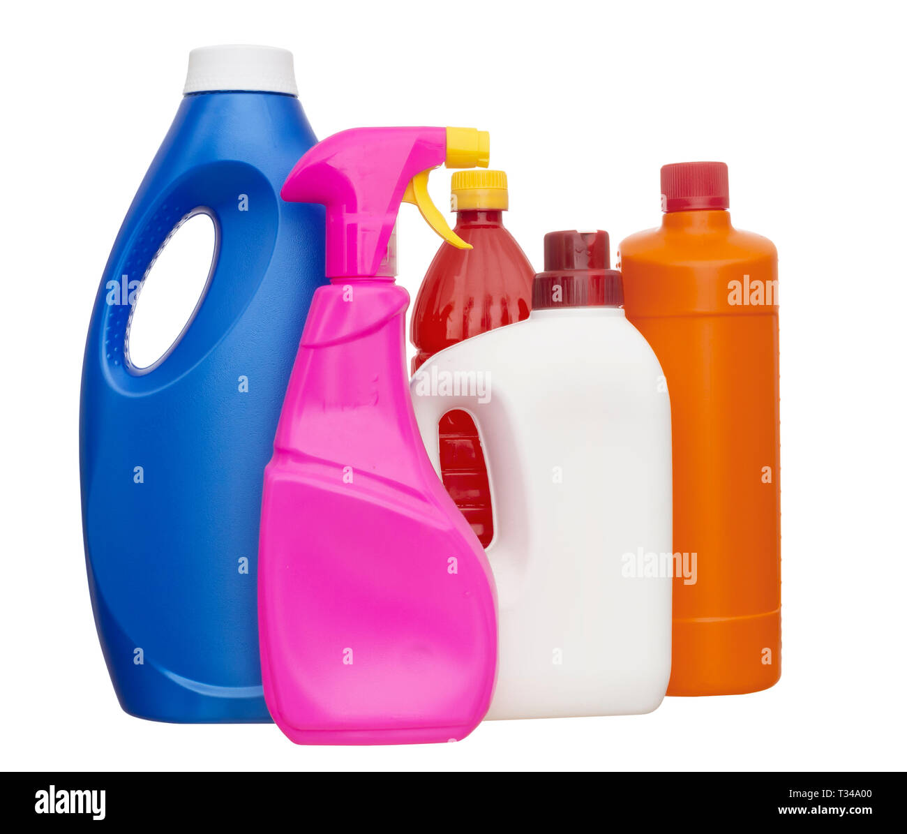 Colourful, colorful plastic bottles for domestic products isolated on ...