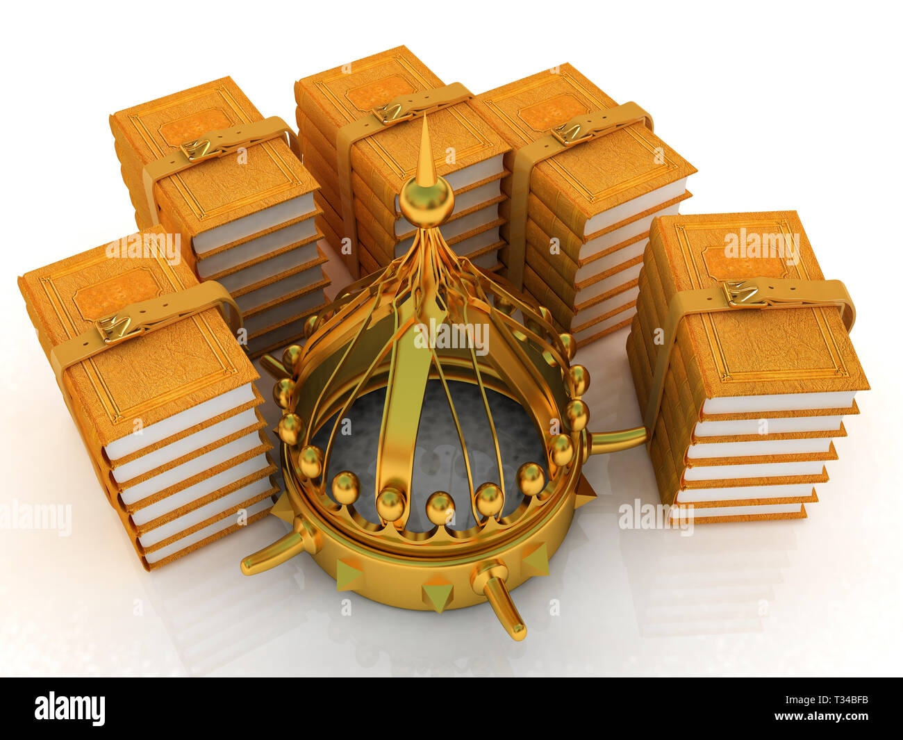 Gold crown and leather books. 3d render Stock Photo - Alamy