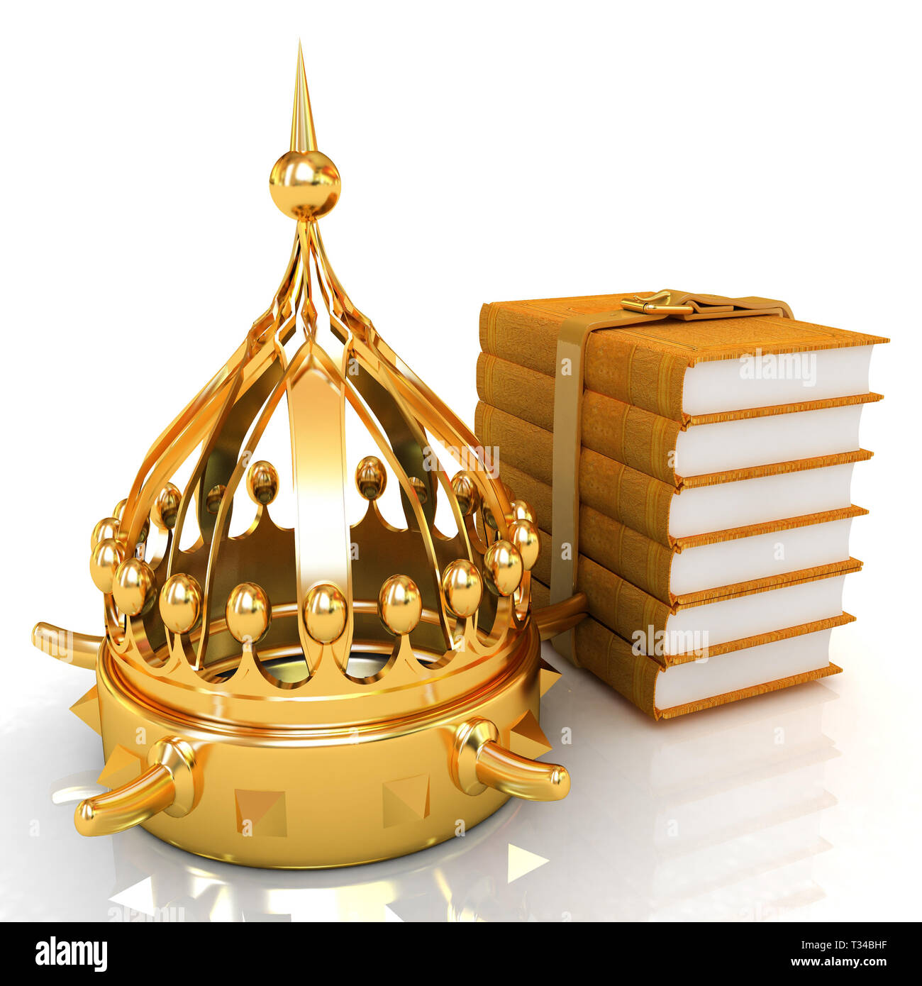 Gold crown and leather books. 3d render Stock Photo - Alamy