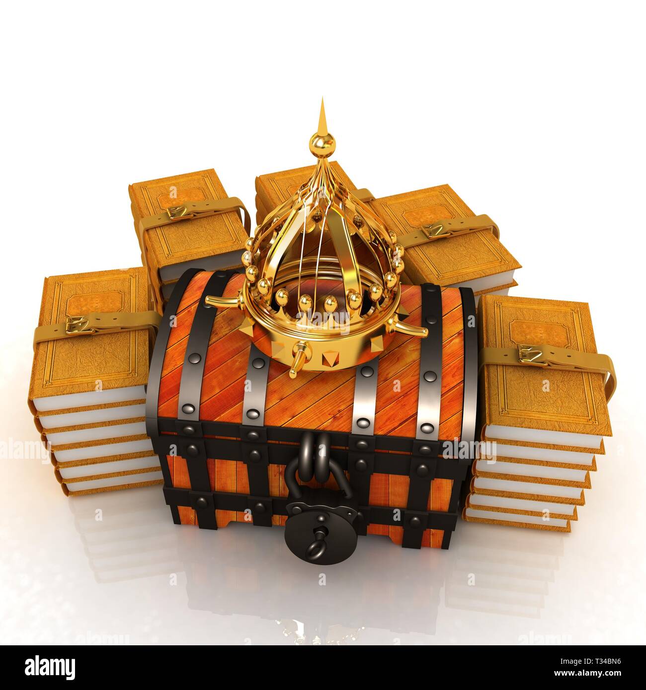 Gold crown on a chest and leather books around. 3d render Stock Photo ...