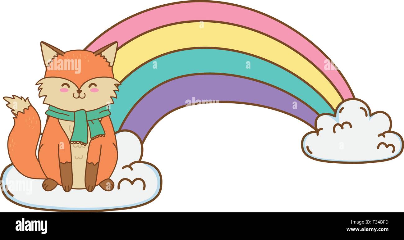 cute fox in the clouds with rainbow woodland character vector ...