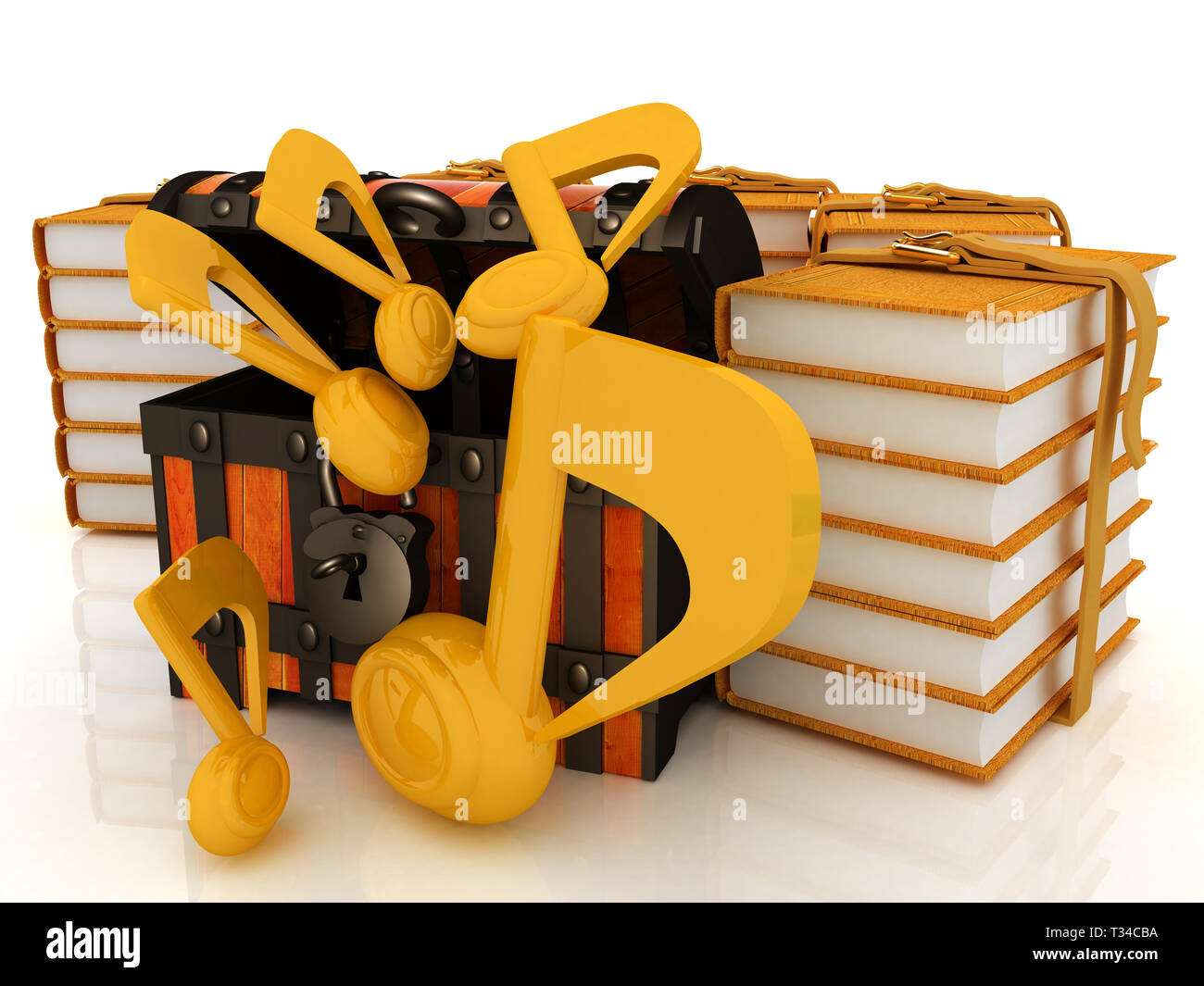 Chest with leather books around and music notes beside. Retro concept ...