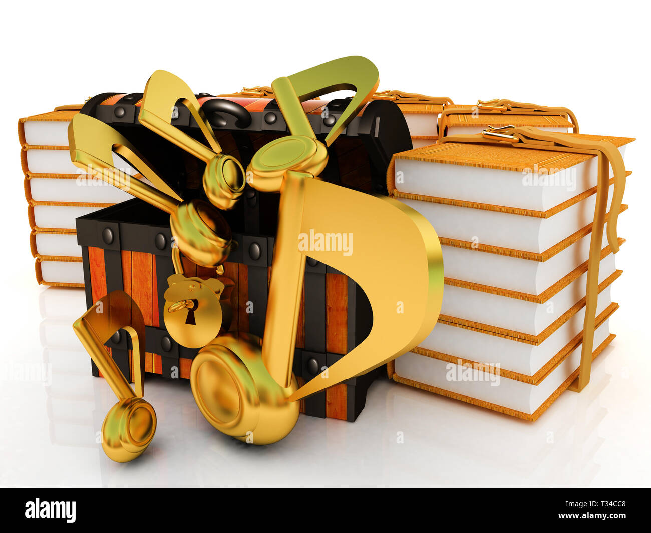 Chest with leather books around and music notes beside. Retro concept ...