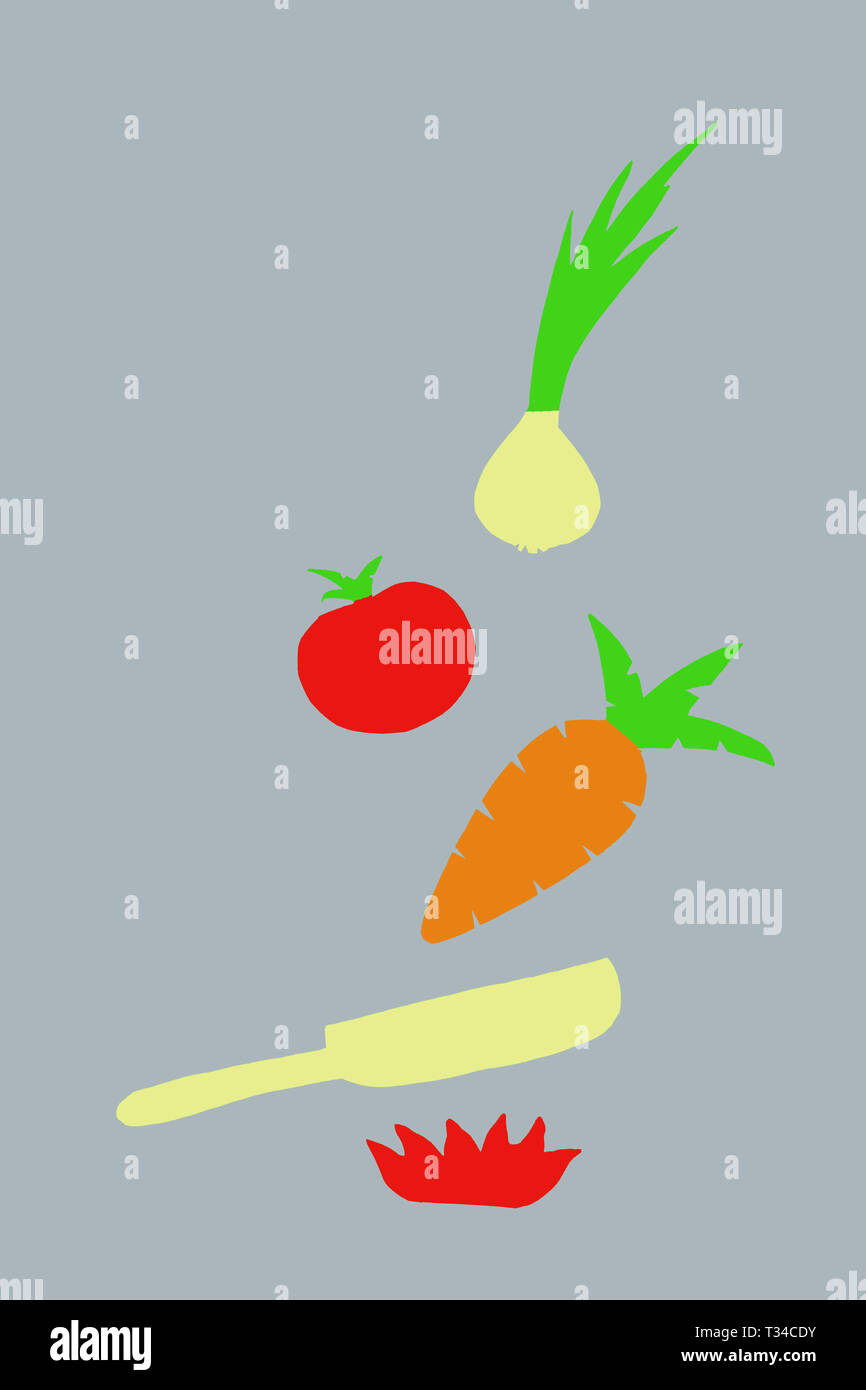 Cooking process illustration. pan and vegetables Stock Photo - Alamy