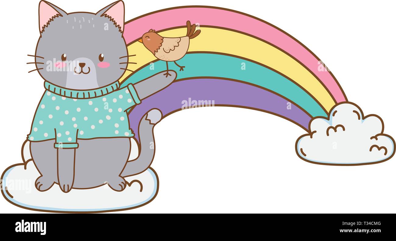 cute cat in cloud with rainbow woodland character vector illustration ...