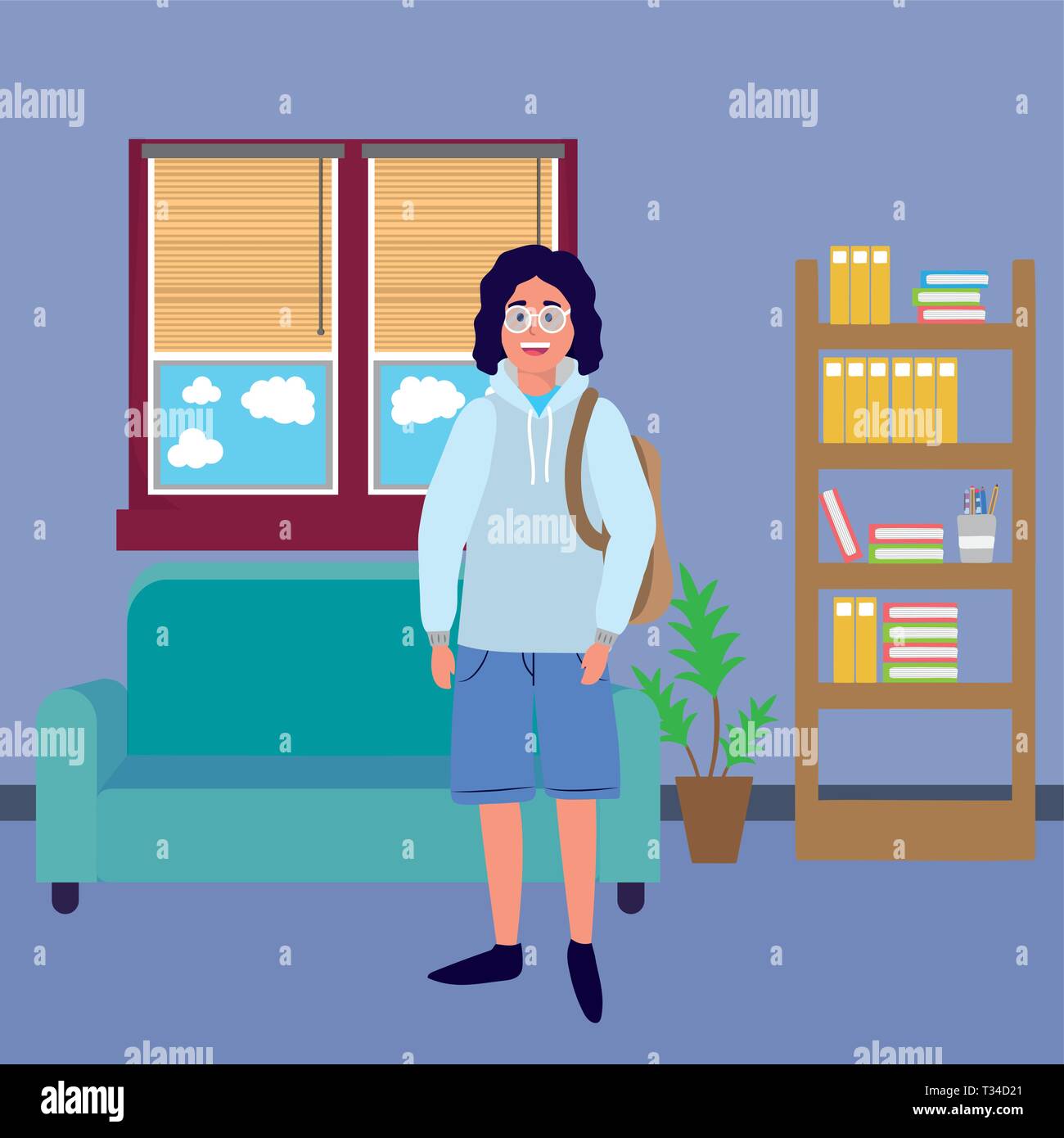 young happy man at house room with furniture cartoon vector ...