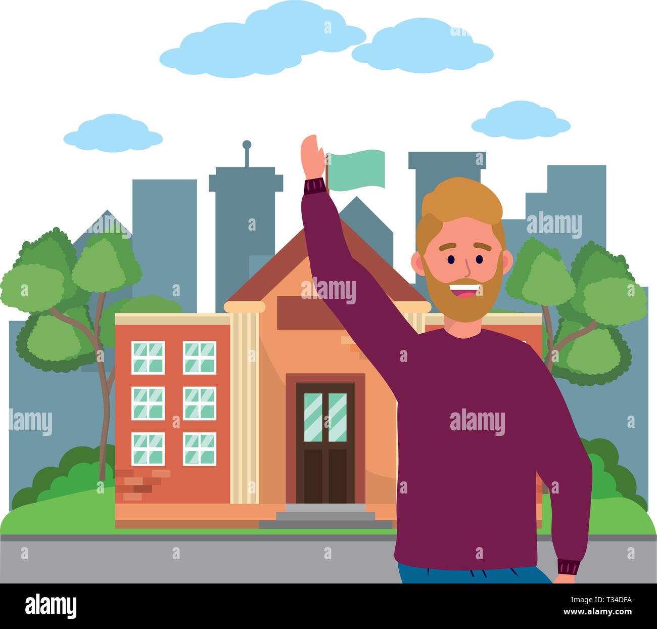 young happy man student with university building cartoon vector ...