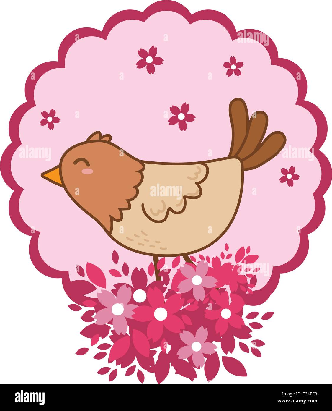 cute little animal bird flowers frame cartoon vector illustration ...