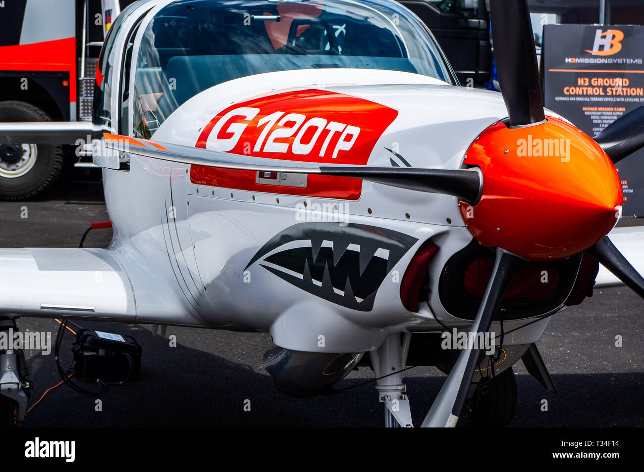 A Grob G 120 TP aircraft on static display T the Farnborough air show ...