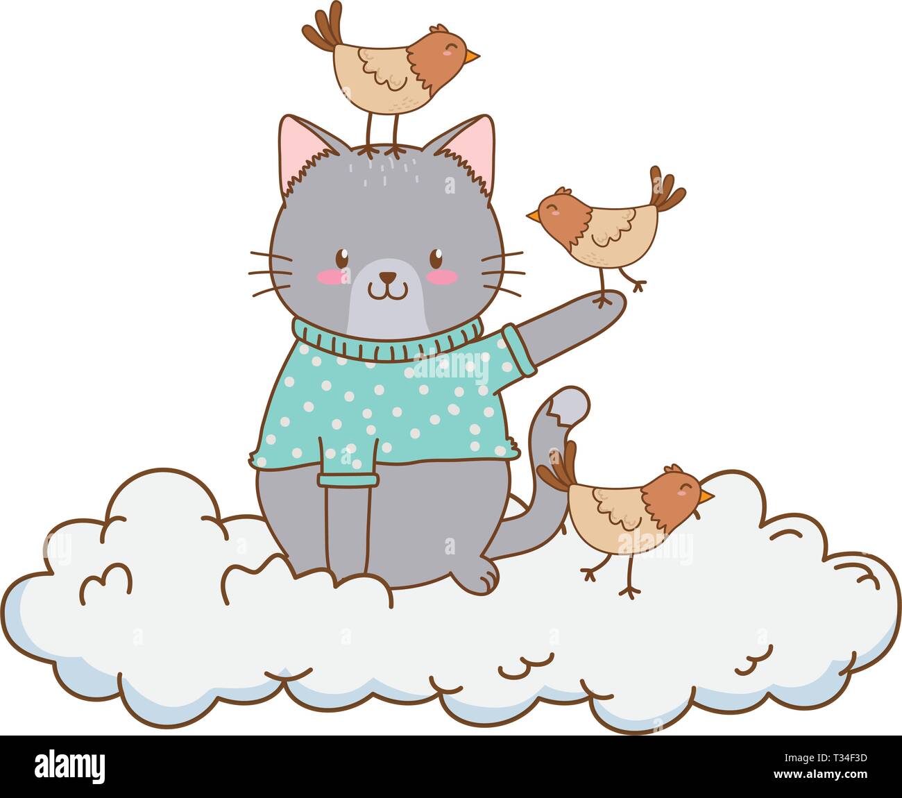 cute cat in cloud with rainbow woodland character vector illustration ...