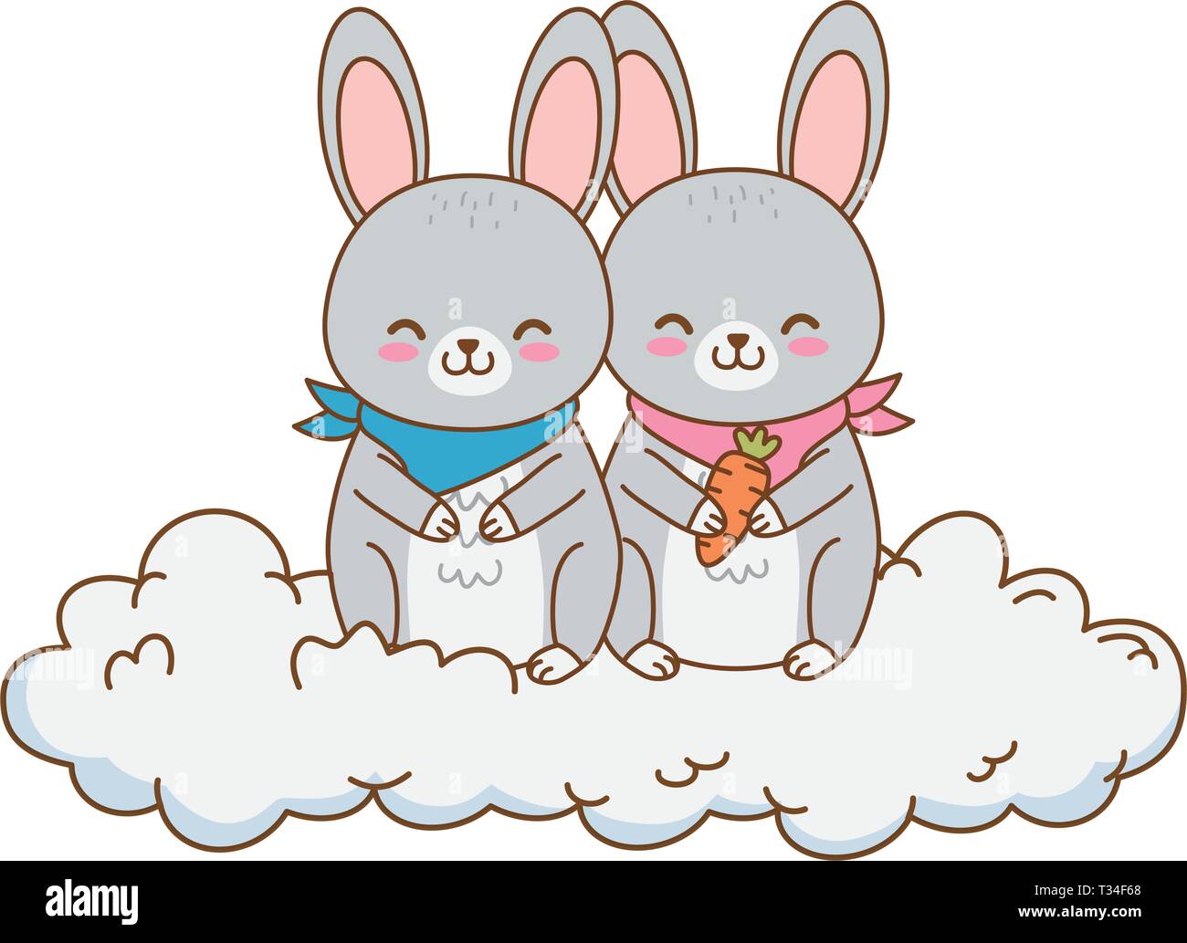 cute rabbits in the clouds woodland character vector illustration ...