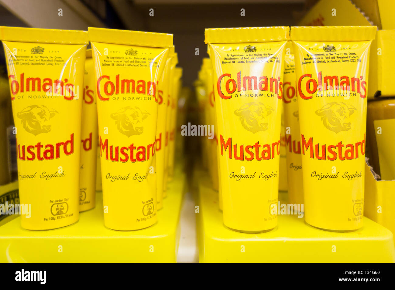 Coleman's Mustard tubes on a supermarket shelf in the UK Stock Photo ...