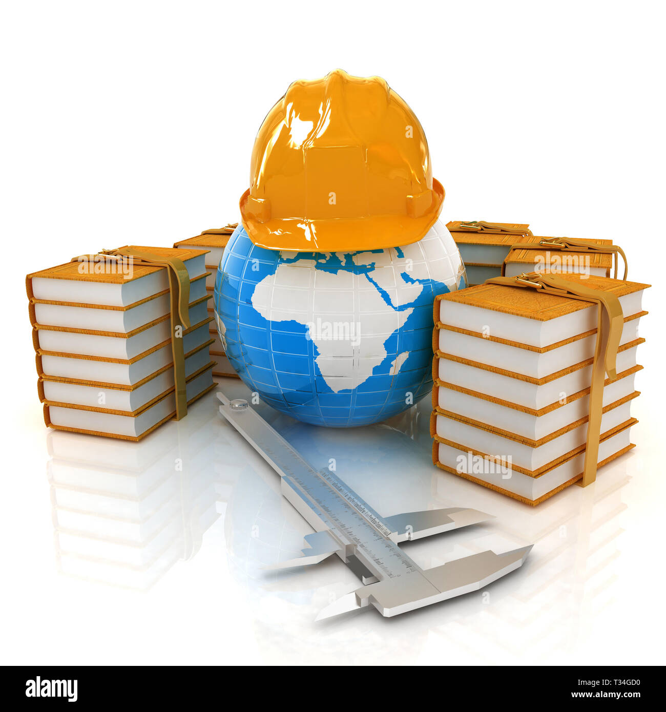 Earth in hard hat, calipers and books. 3d render Stock Photo - Alamy