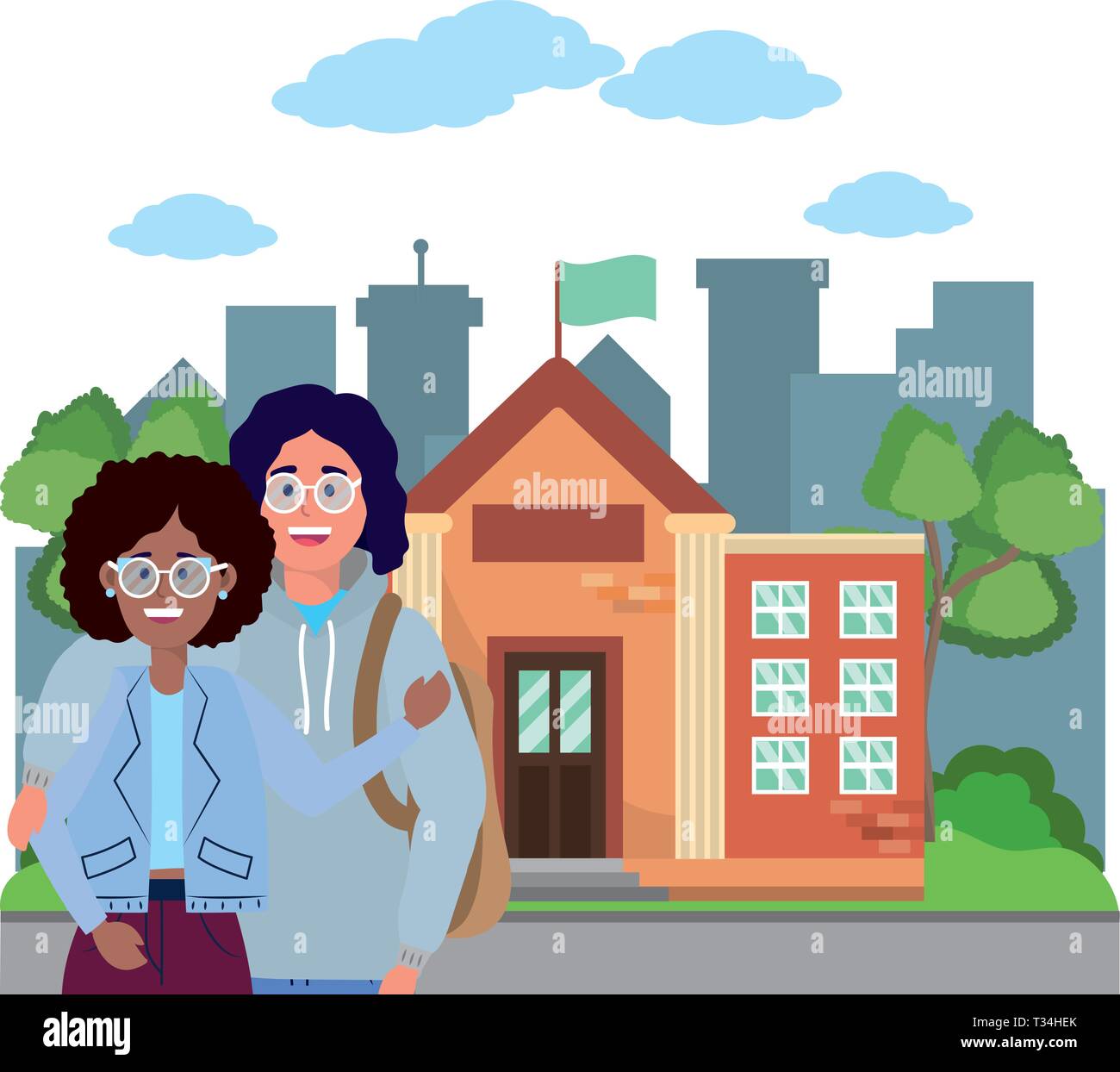 young people friends couple students enjoying in front university ...