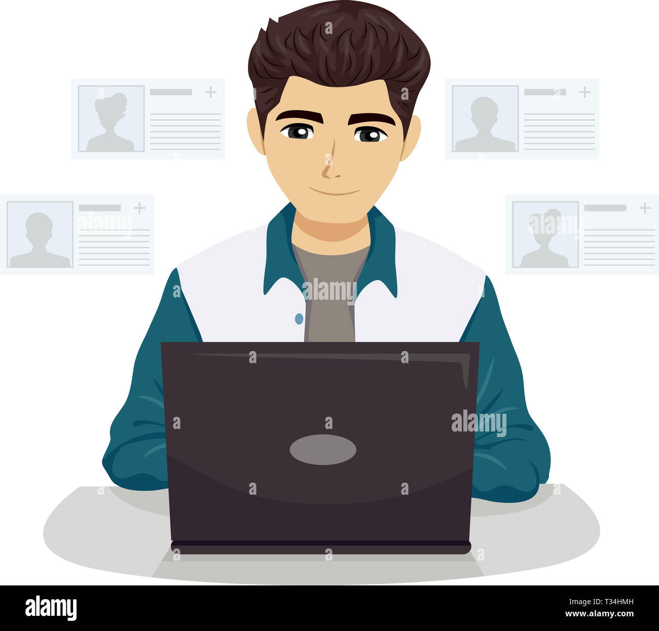 Illustration of a Teenage Guy Using Laptop with Different Profiles on ...