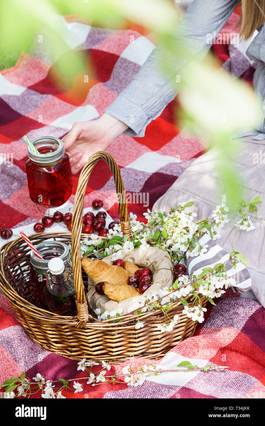 Young woman on a picnic in a park. Basket with food, cherry berries and ...