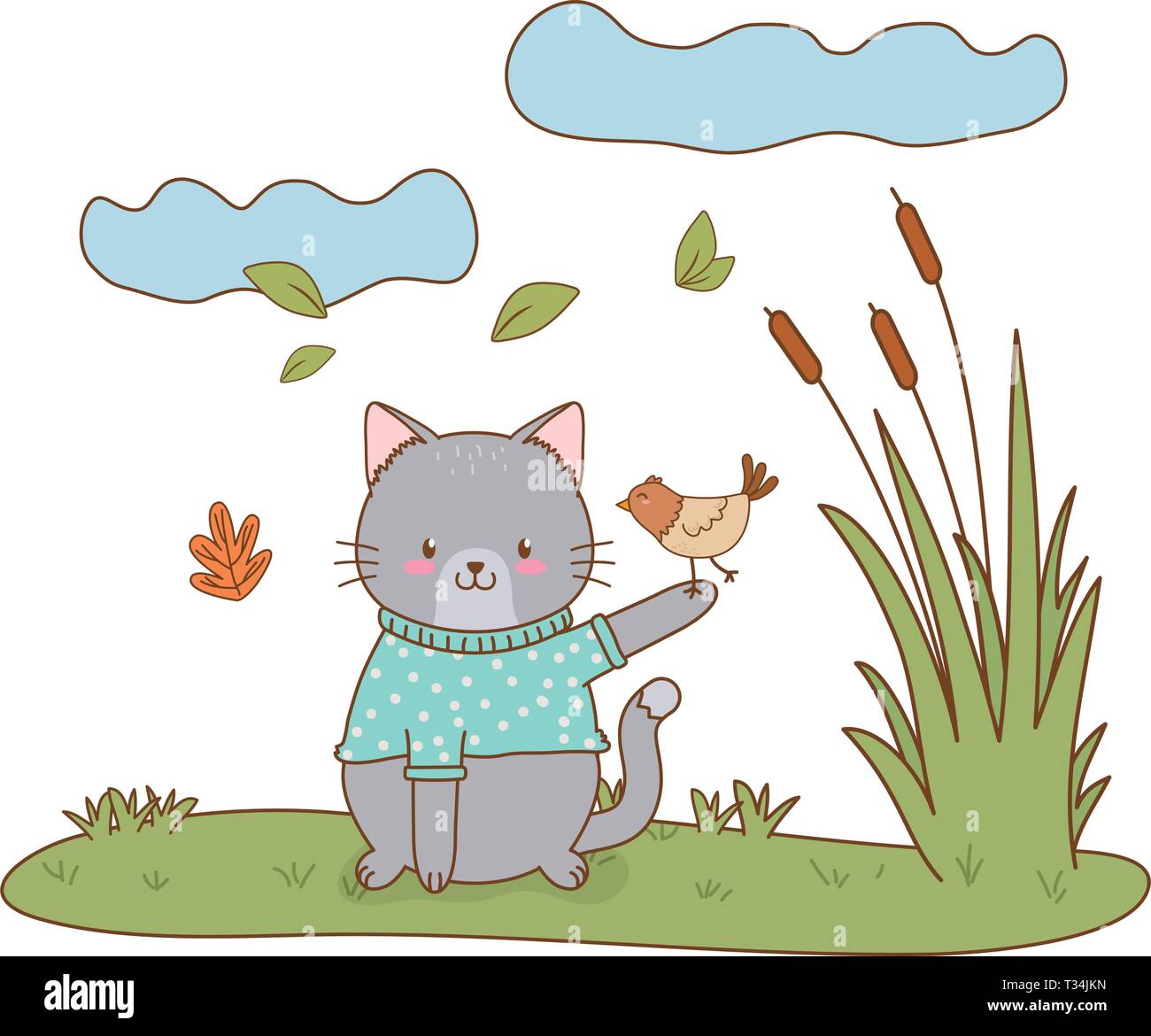 cute cat in the field woodland character vector illustration design ...