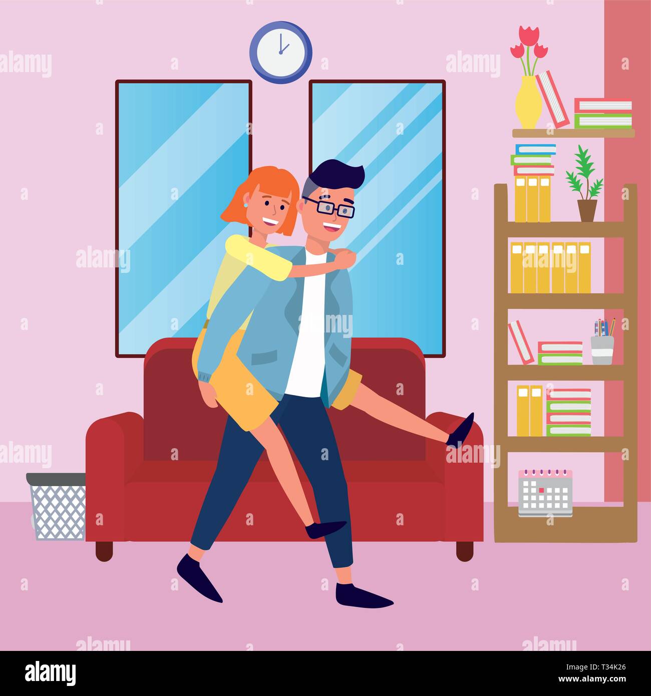 young people friends couple enjoying at house room with furniture ...