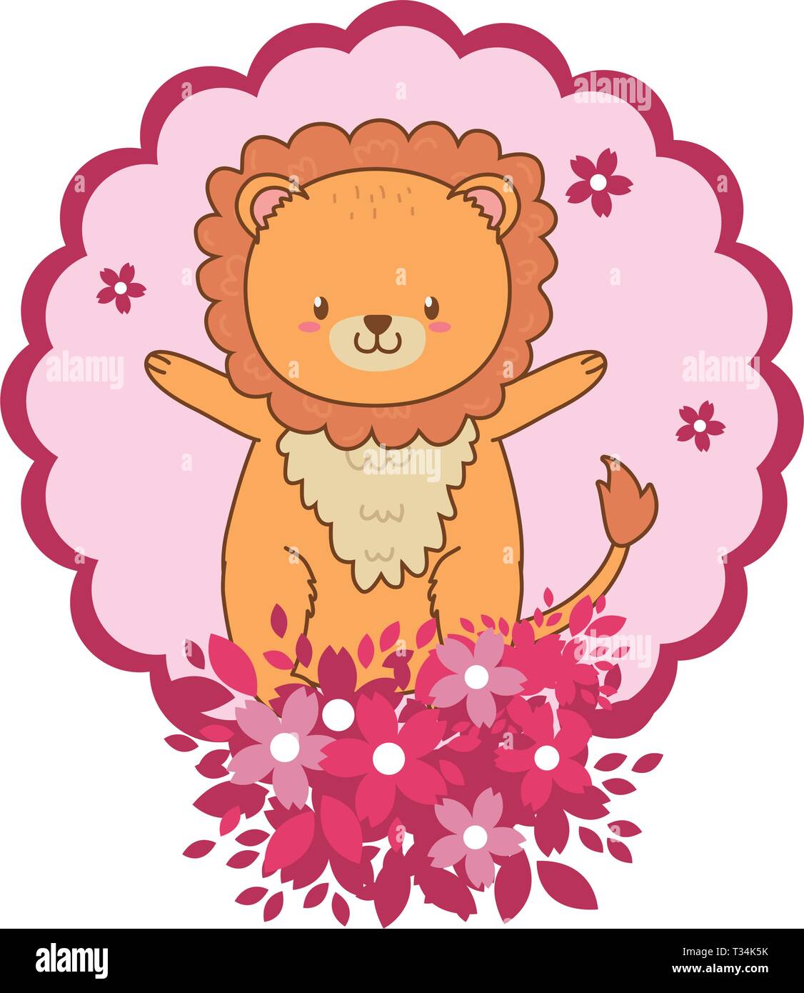 cute little animal lion flowers frame cartoon vector illustration ...
