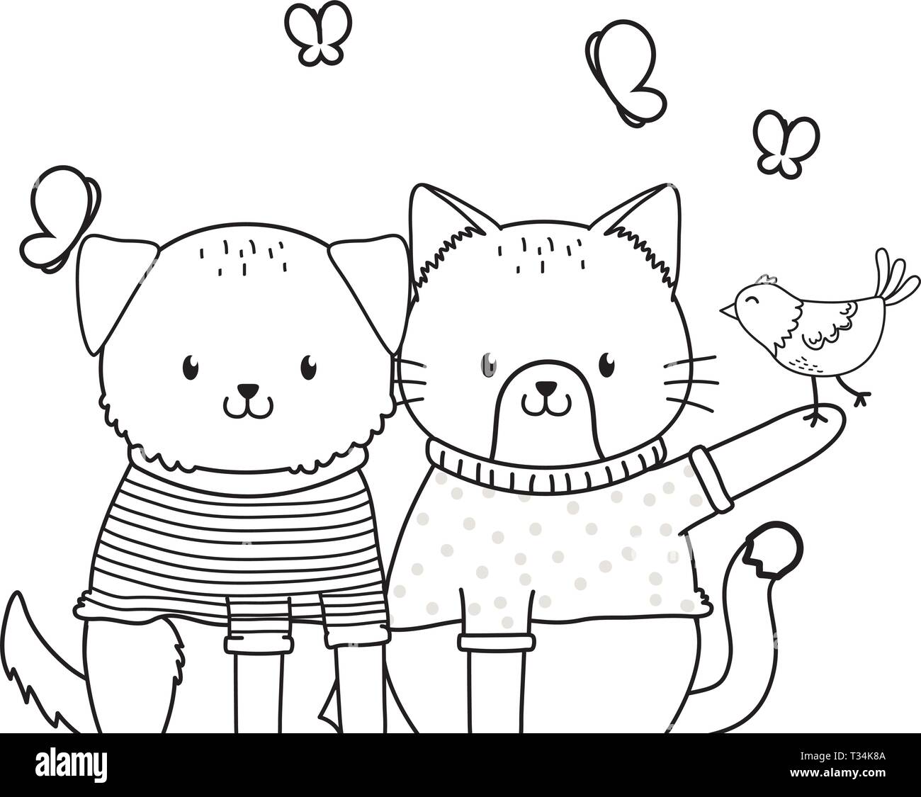 cute little animal cat with dog and bird cartoon vector illustration ...