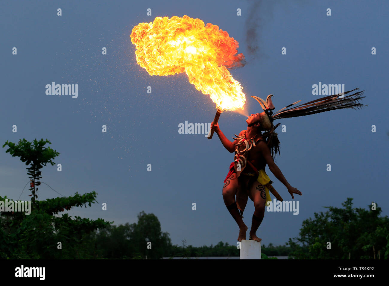 Traditional Dyak Tribe Man Fire Dancing, Borneo, Indonesia Stock Photo ...