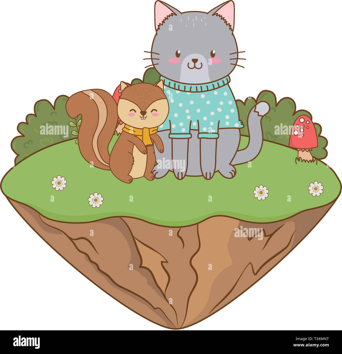 cute chipmunk and cat in the landscape vector illustration design Stock ...