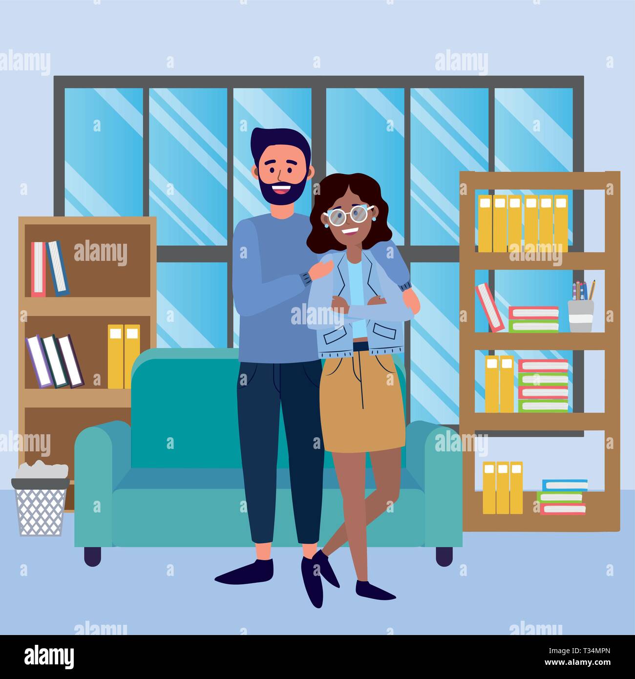 young people friends couple enjoying at house room with furniture ...