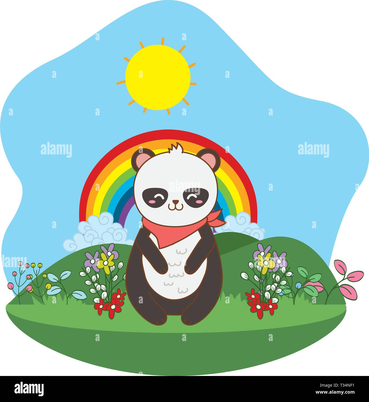 cute little animal panda bear at nature park in front rainbow cartoon ...