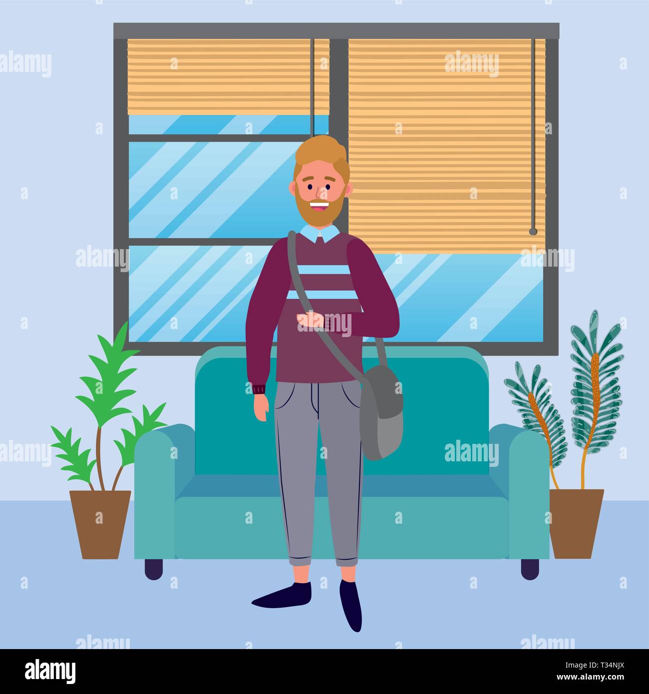 young happy man at house room with furniture cartoon vector ...