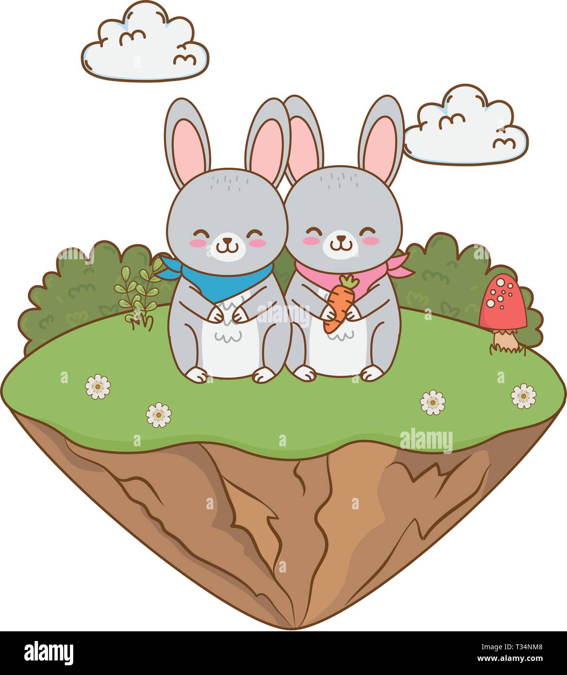 cute rabbits in the field woodland characters vector illustration ...