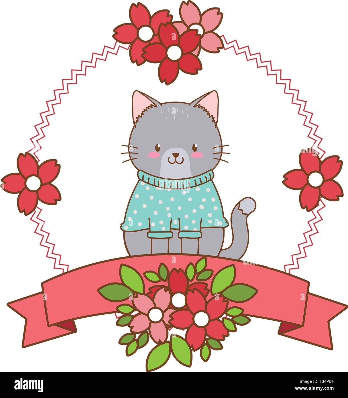 cute little animal cat ribbon banner cartoon vector illustration ...