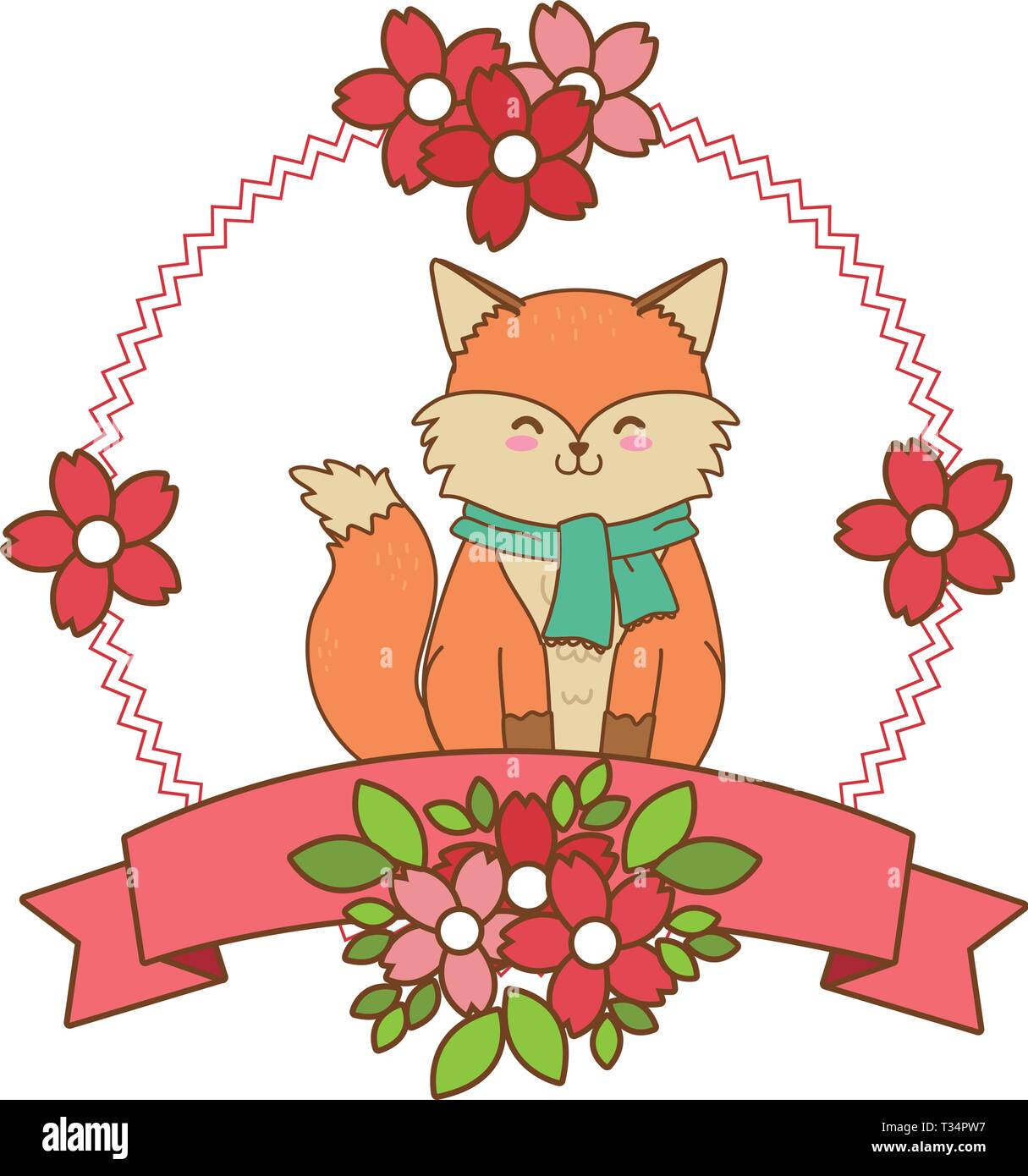 cute little animal fox ribbon banner cartoon vector illustration ...