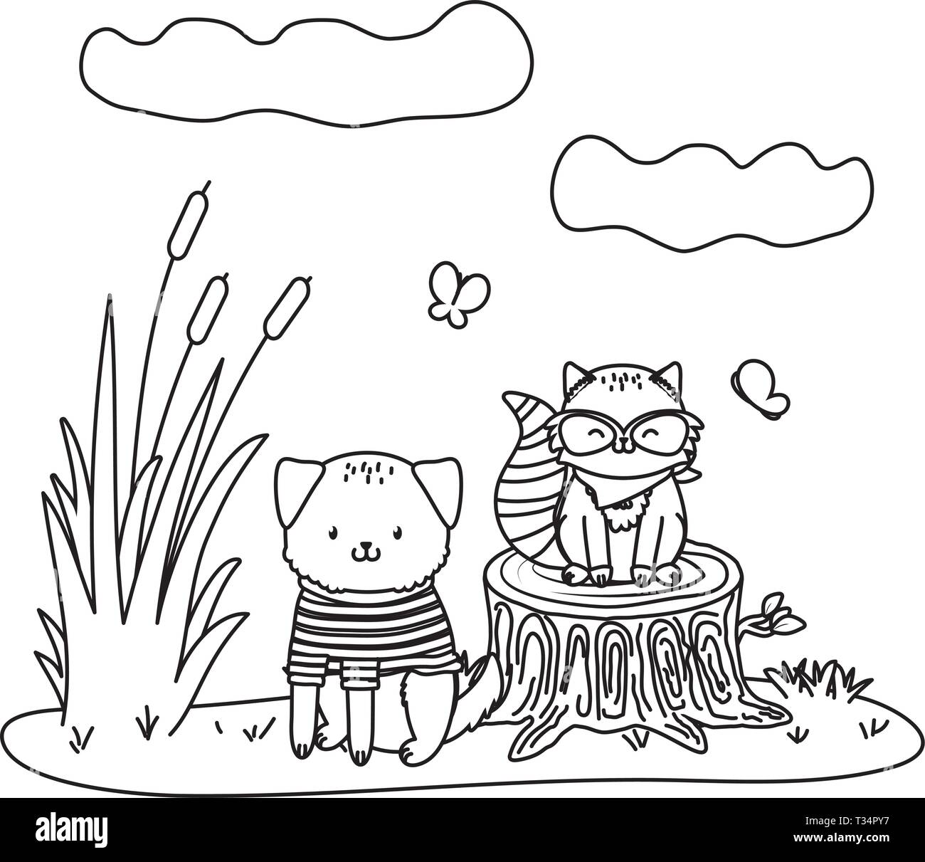 cute littles animals at nature environment cartoon vector illustration ...