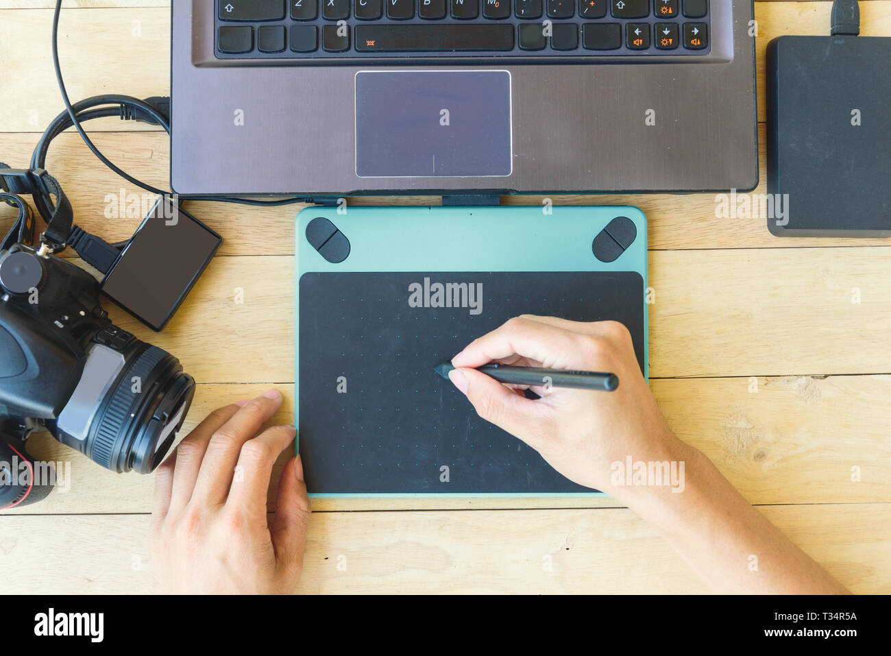 top view of computer graphic and camera device Stock Photo - Alamy