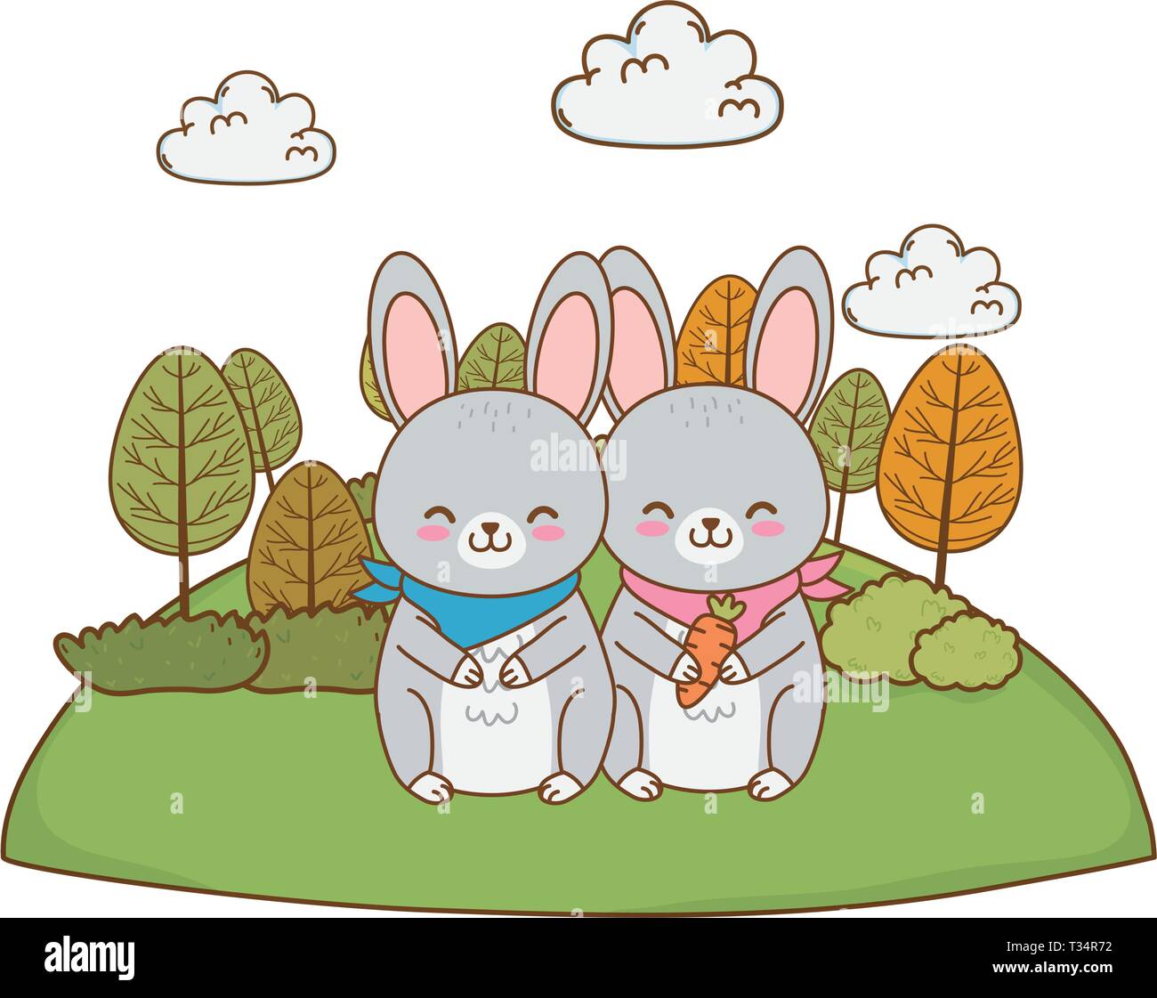 cute rabbits in the field woodland characters vector illustration ...