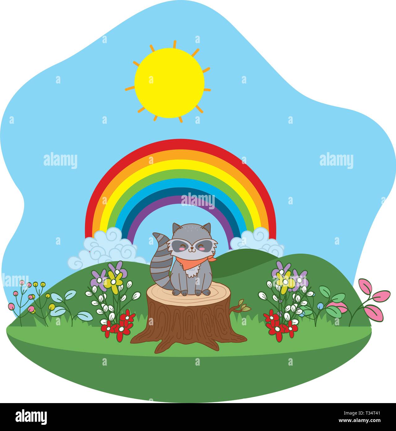 cute little animal raccoon at nature park cartoon vector illustration ...