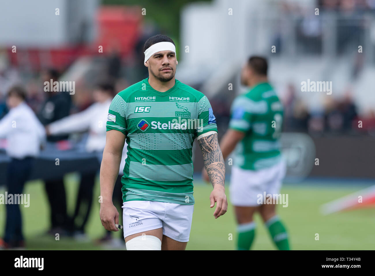 London, UK. 06th Apr, 2019. Josh Matavesi of Newcastle Falcons looked ...