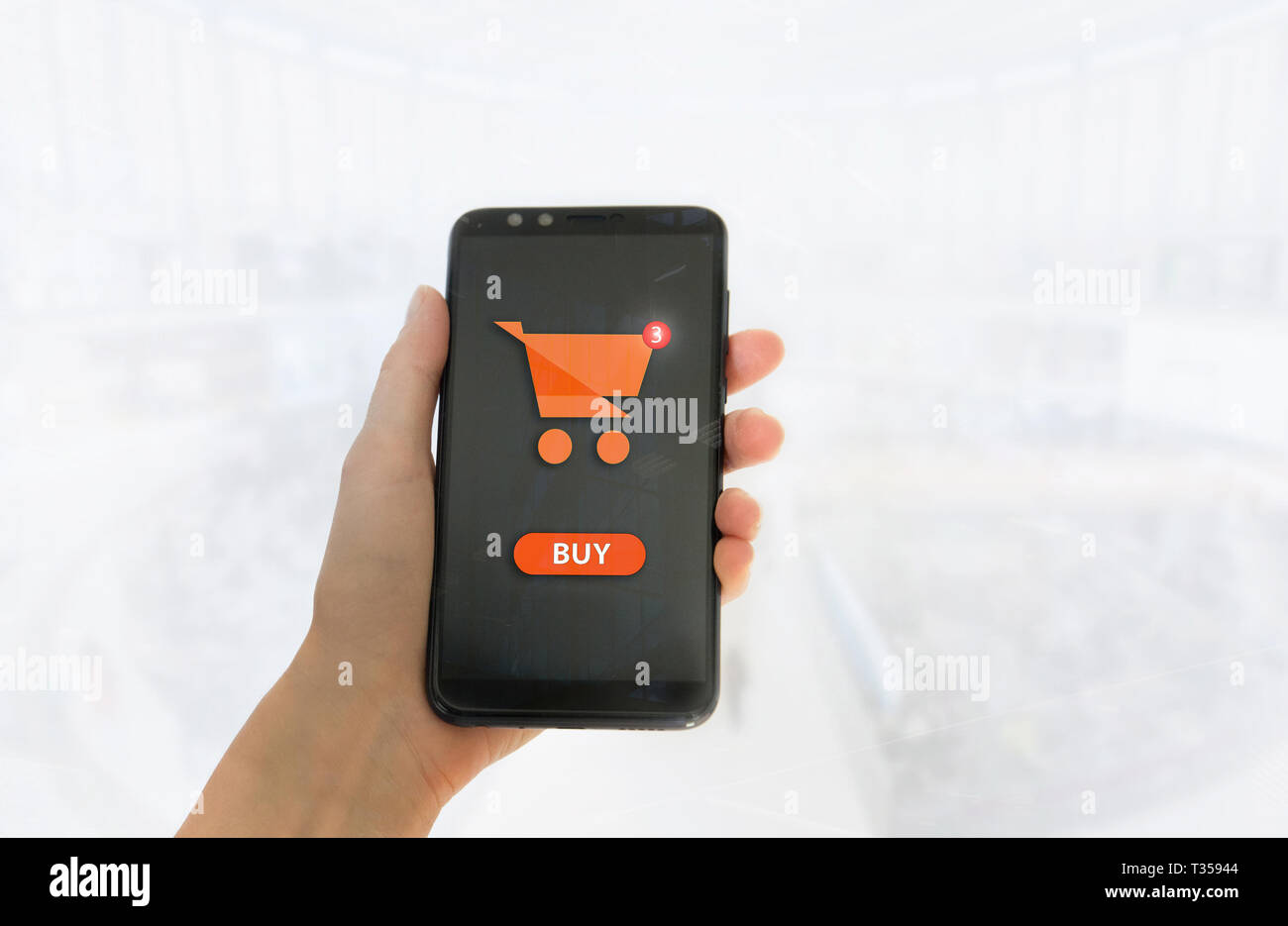 Hand holding mobile smart phone with my shopping carts screen on ...